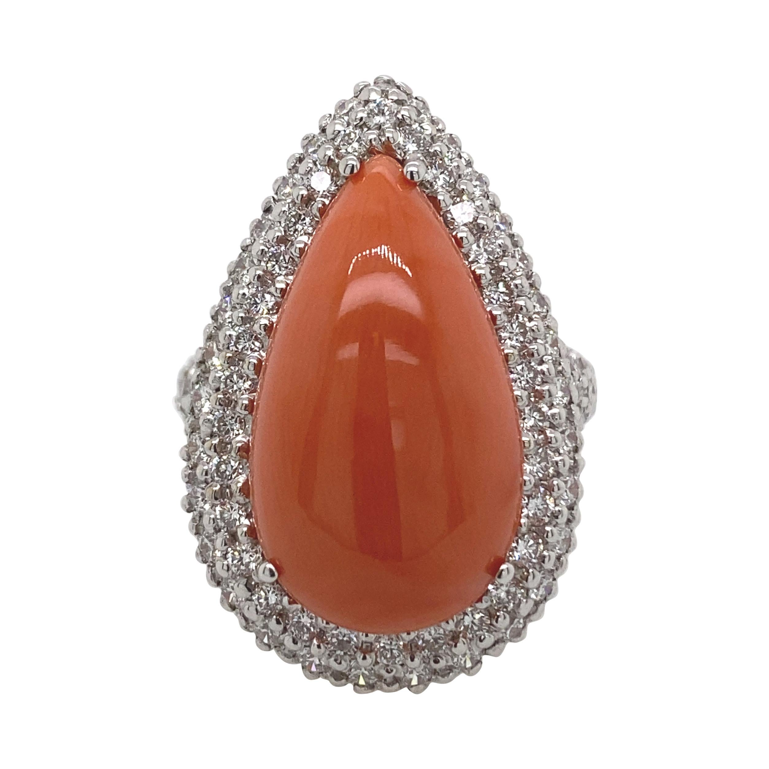 Coral Diamond White Gold Ring For Sale at 1stDibs