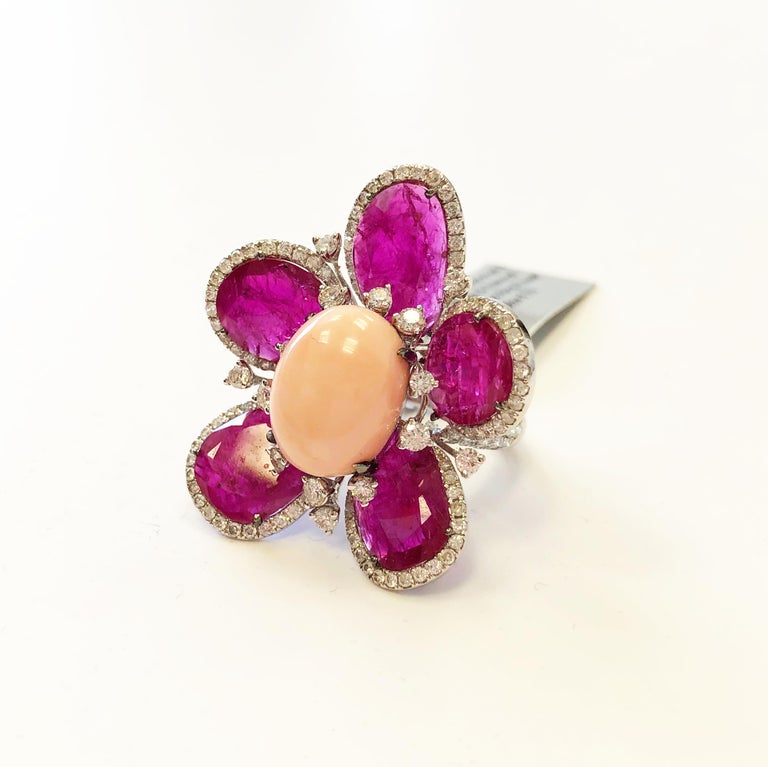 Coral and Ruby Flower Cocktail Ring in 18 Karat White Gold For Sale at ...