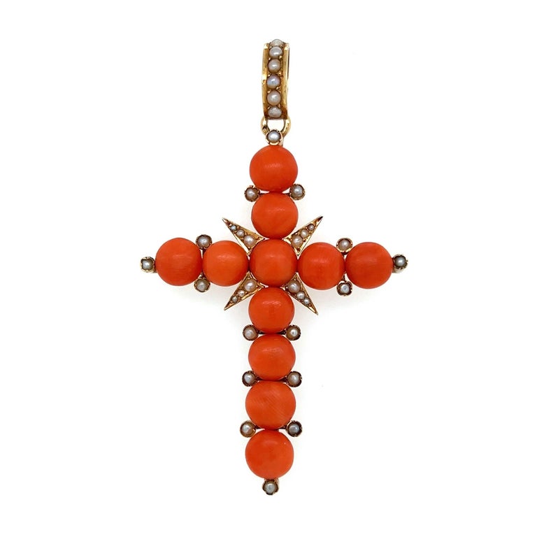 Coral and Seed Pearl Antique French Gold Cross Pendant Estate Fine ...