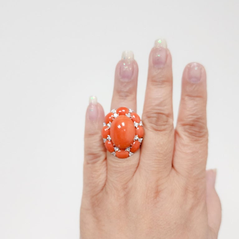 Coral and White Diamond Cluster Cocktail Ring in 18k For Sale at 1stDibs