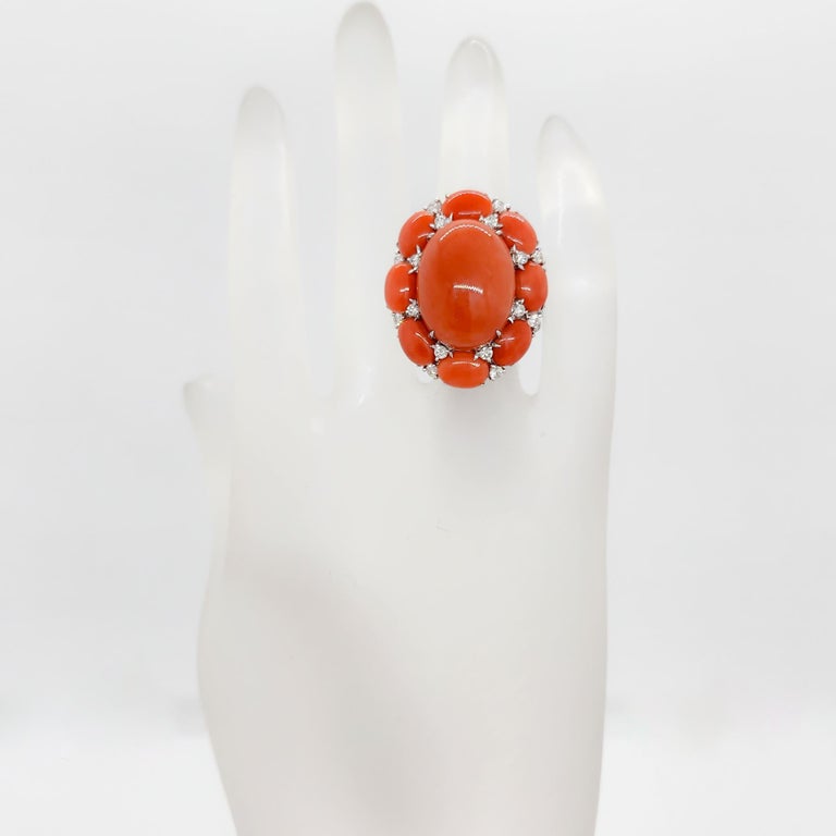 Coral and White Diamond Cluster Cocktail Ring in 18k For Sale at 1stDibs