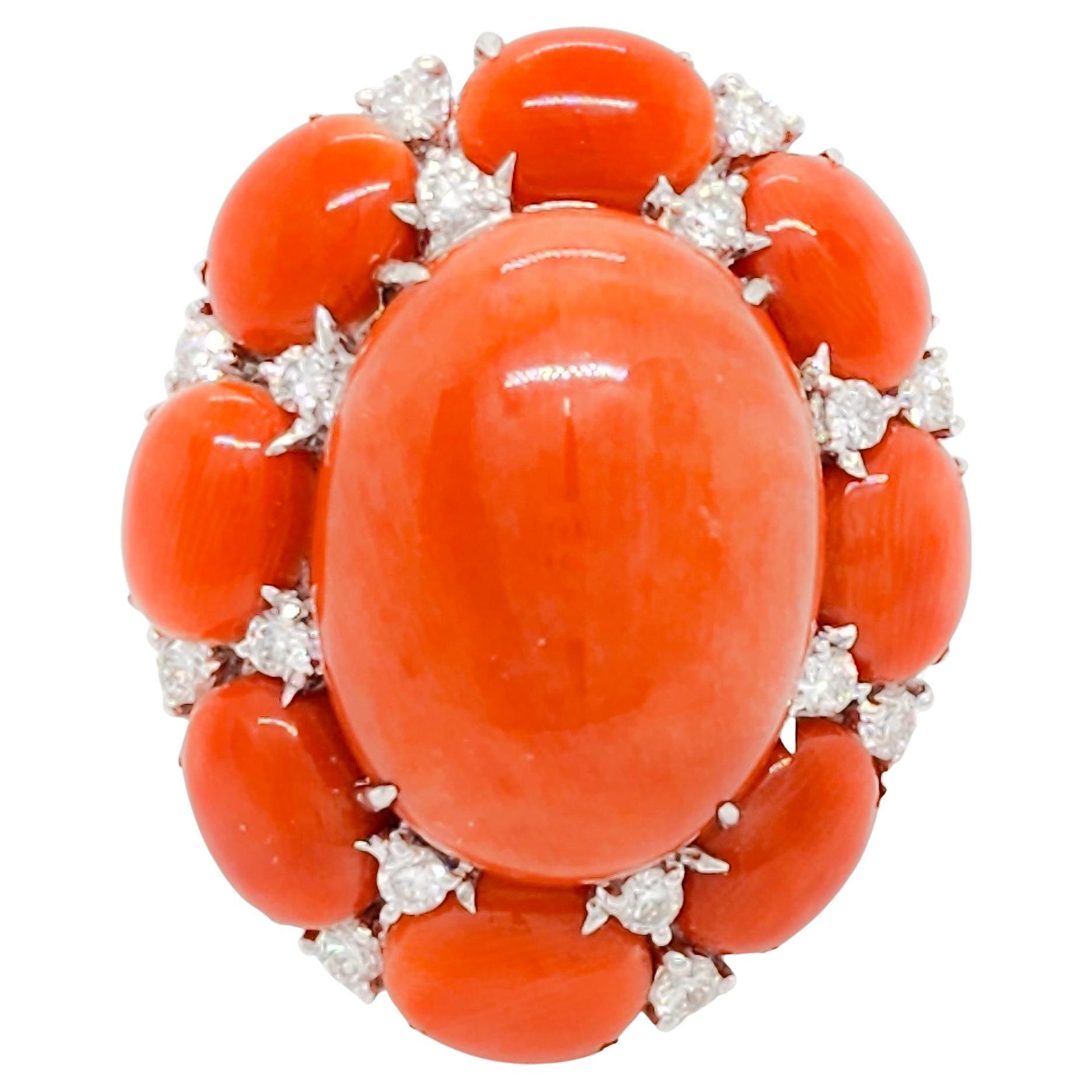 Coral and Diamond Cocktail Ring in 18K Gold For Sale at 1stDibs