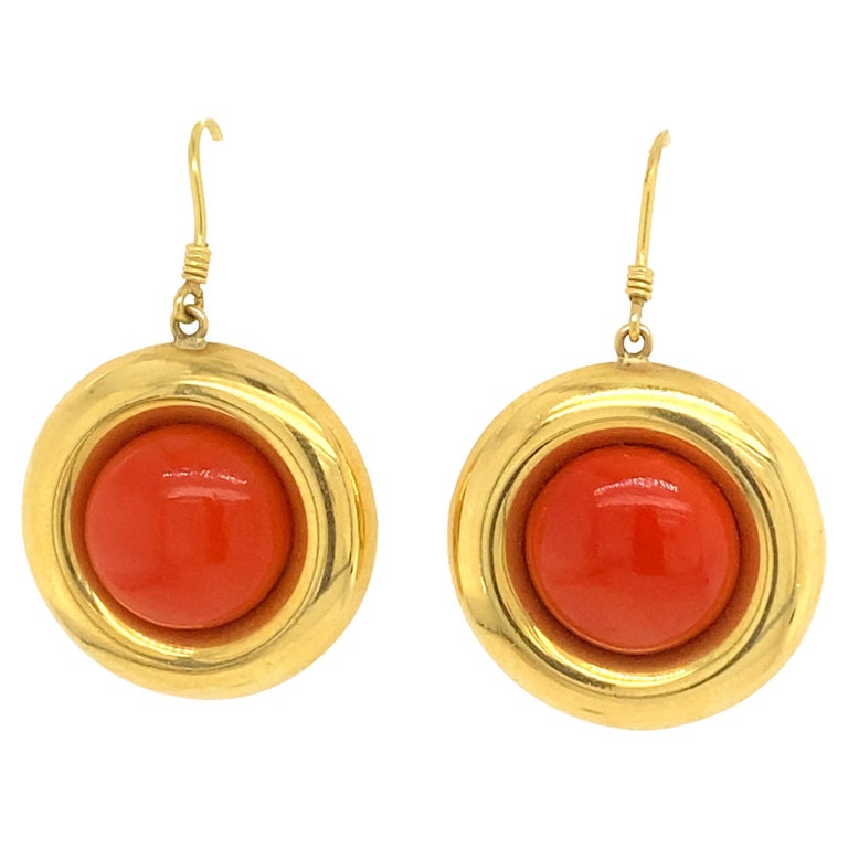 Coral and Yellow Gold Circle Dangle Earrings For Sale at 1stDibs