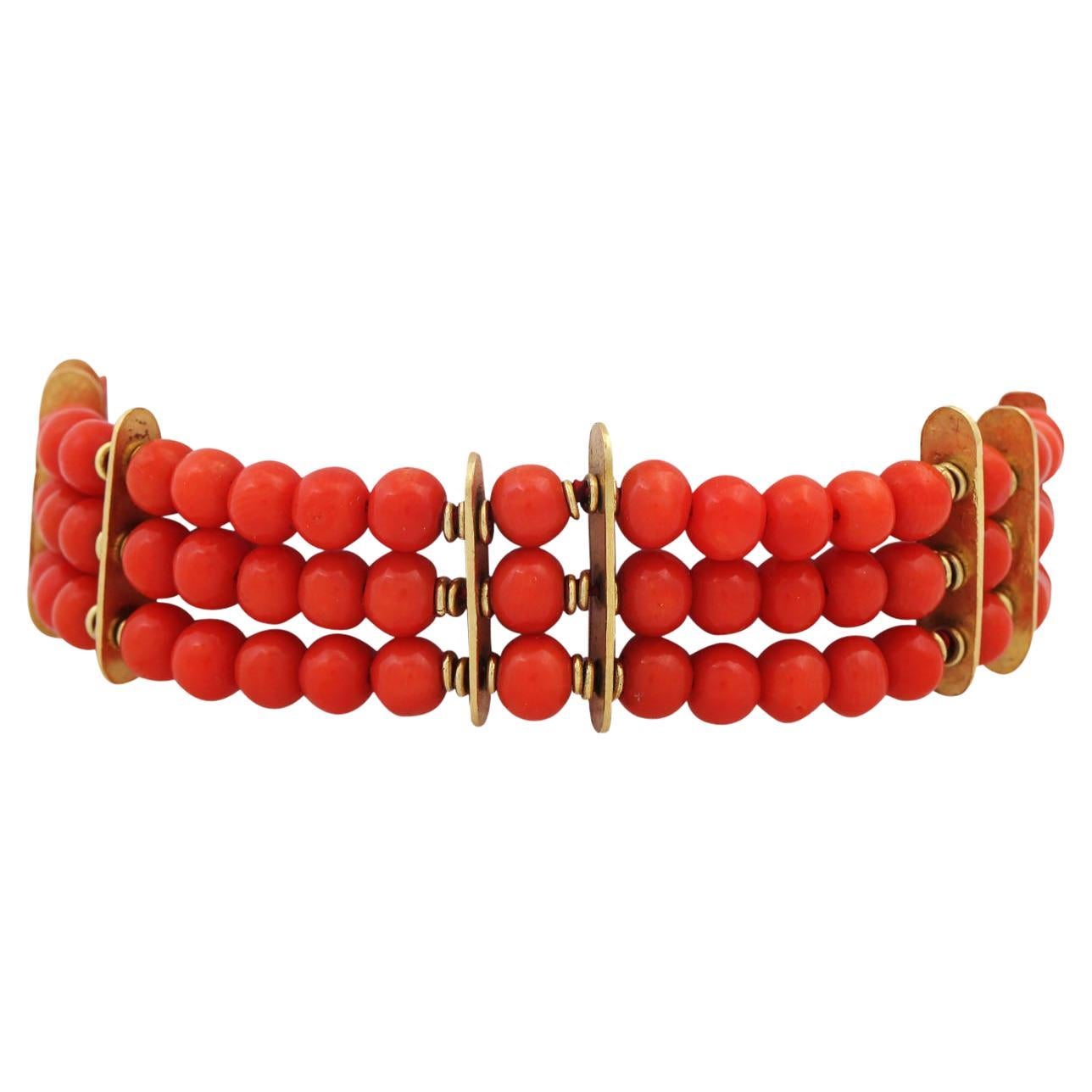 Coral Bracelet 3 Rows For Sale at 1stDibs