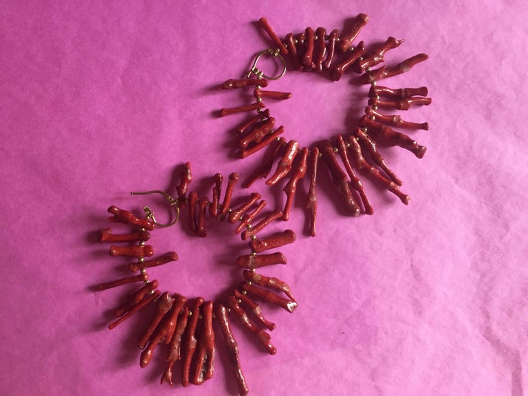 Coral Branch Fringe Coral Earrings 18 Karat Gold For Sale at 1stDibs