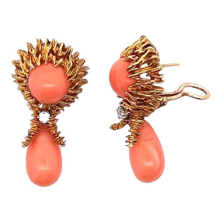 Coral Diamond 18 Karat Yellow Textured Gold Drop Dangle Vintage Estate ...