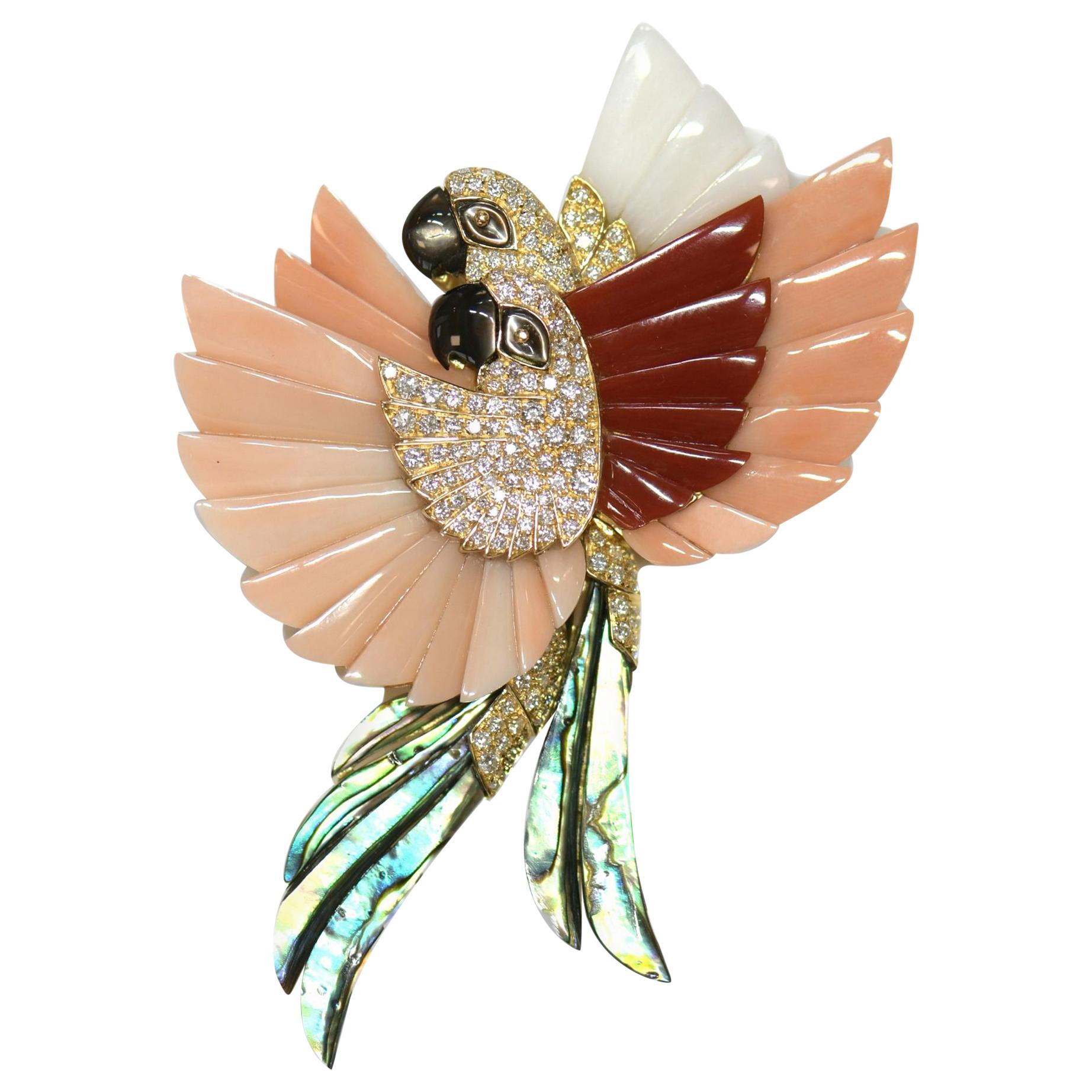 Coral, Diamond and Mother of Pearl 18 Karat Gold Parrot Brooch For Sale ...