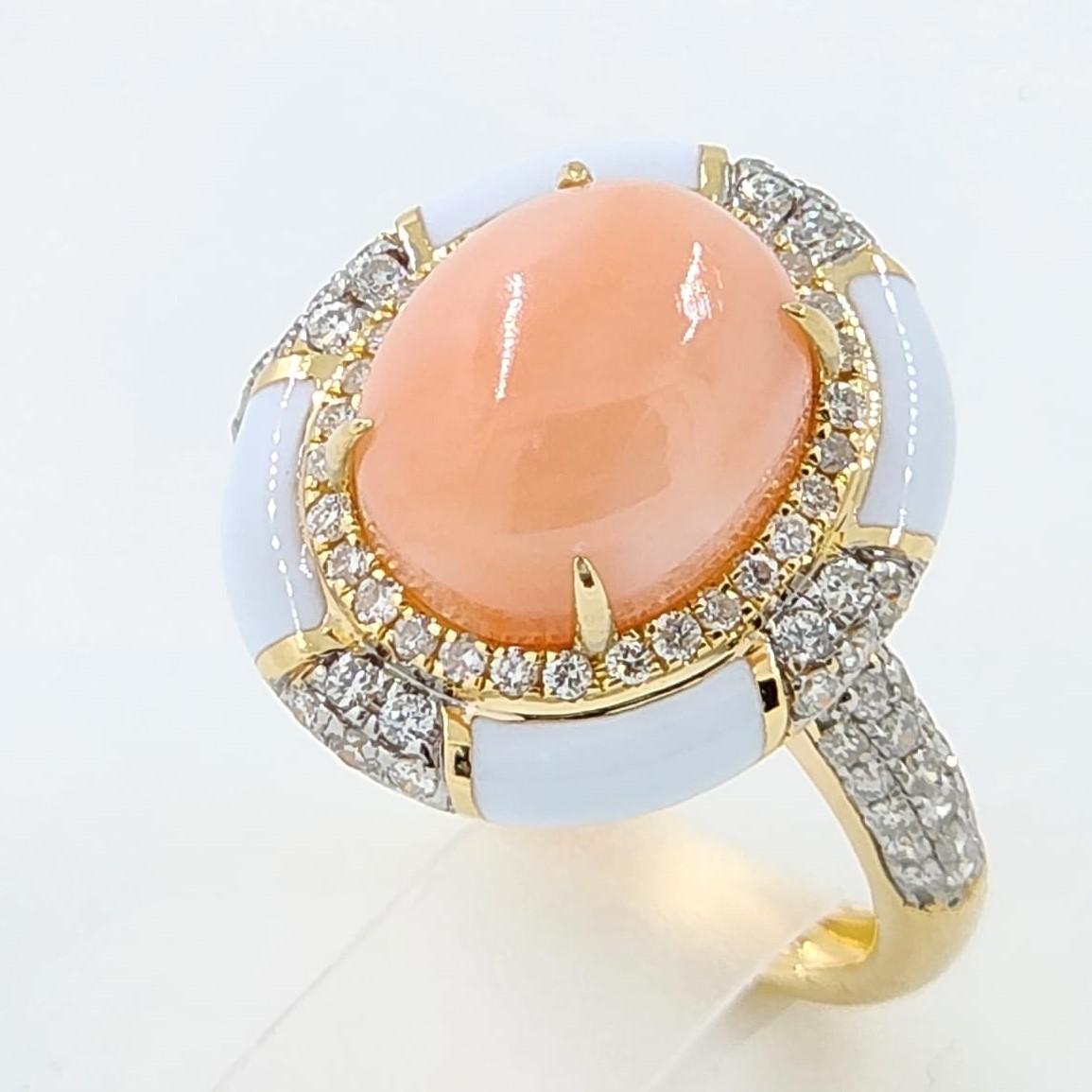 Coral Diamond Enamel Ring in 18 Karat Yellow Gold at 1stDibs