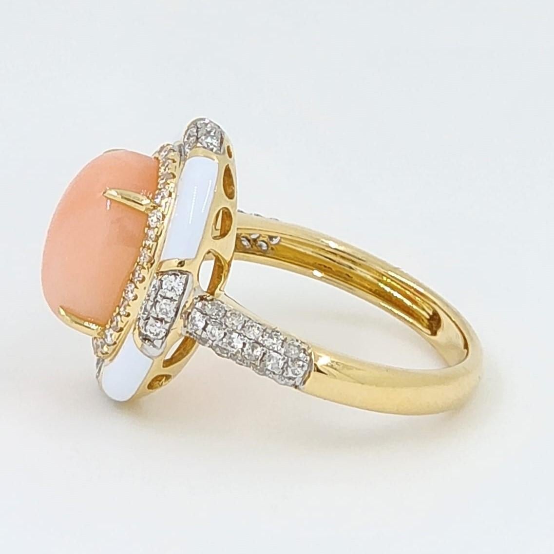 Coral Diamond Enamel Ring in 18 Karat Yellow Gold at 1stDibs