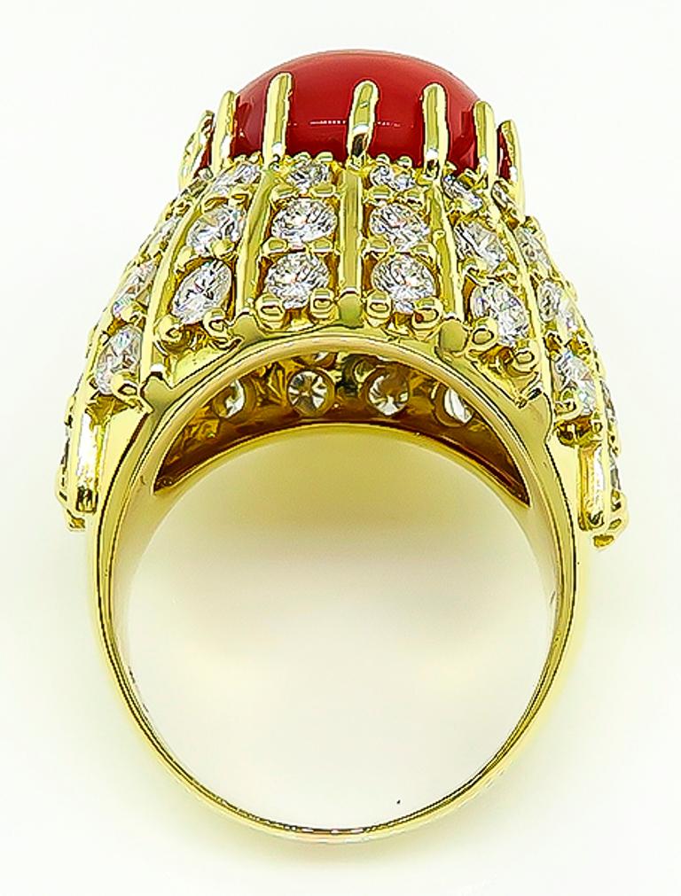 Coral Diamond Yellow Gold Cocktail Ring at 1stDibs