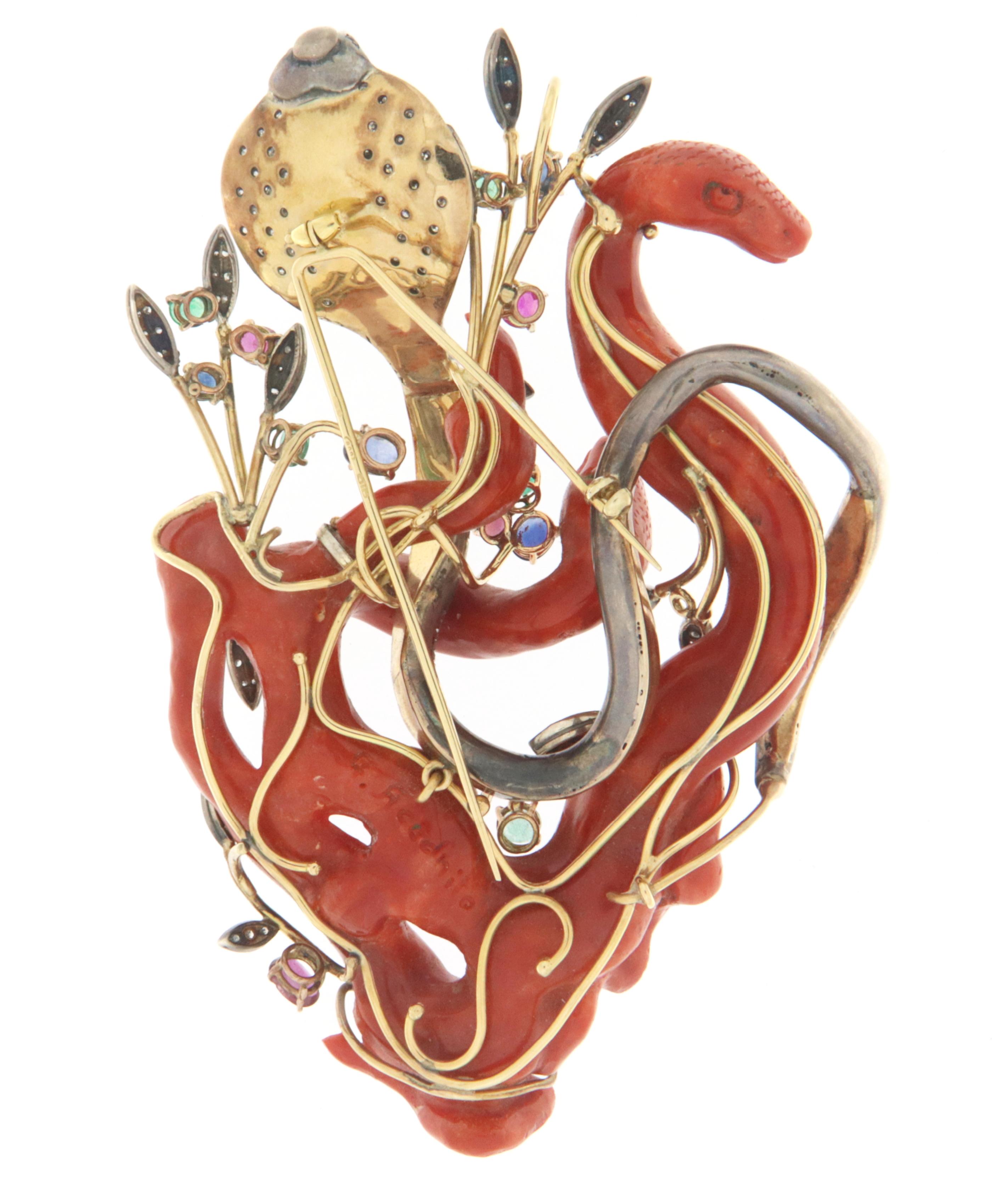 Coral Diamonds 14 Karat Yellow Gold Snakes Brooch For Sale at 1stDibs