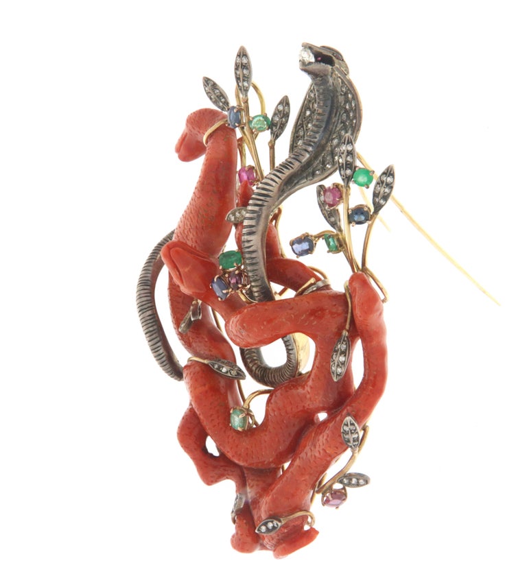 Coral Diamonds 14 Karat Yellow Gold Snakes Brooch For Sale at 1stDibs
