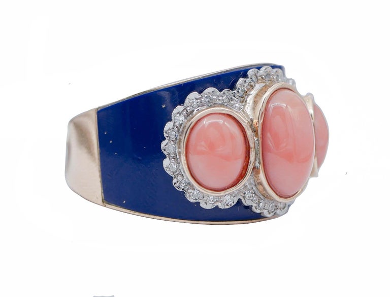 Coral, Diamonds, Lapis, 14 Karat Rose and White Gold Band Ring For Sale ...