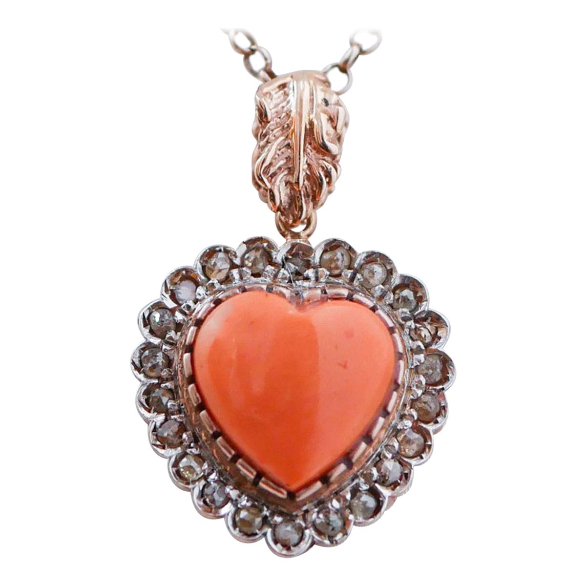 Coral, Diamonds, Rose Gold and Silver Heart Pendant Necklace. For Sale ...