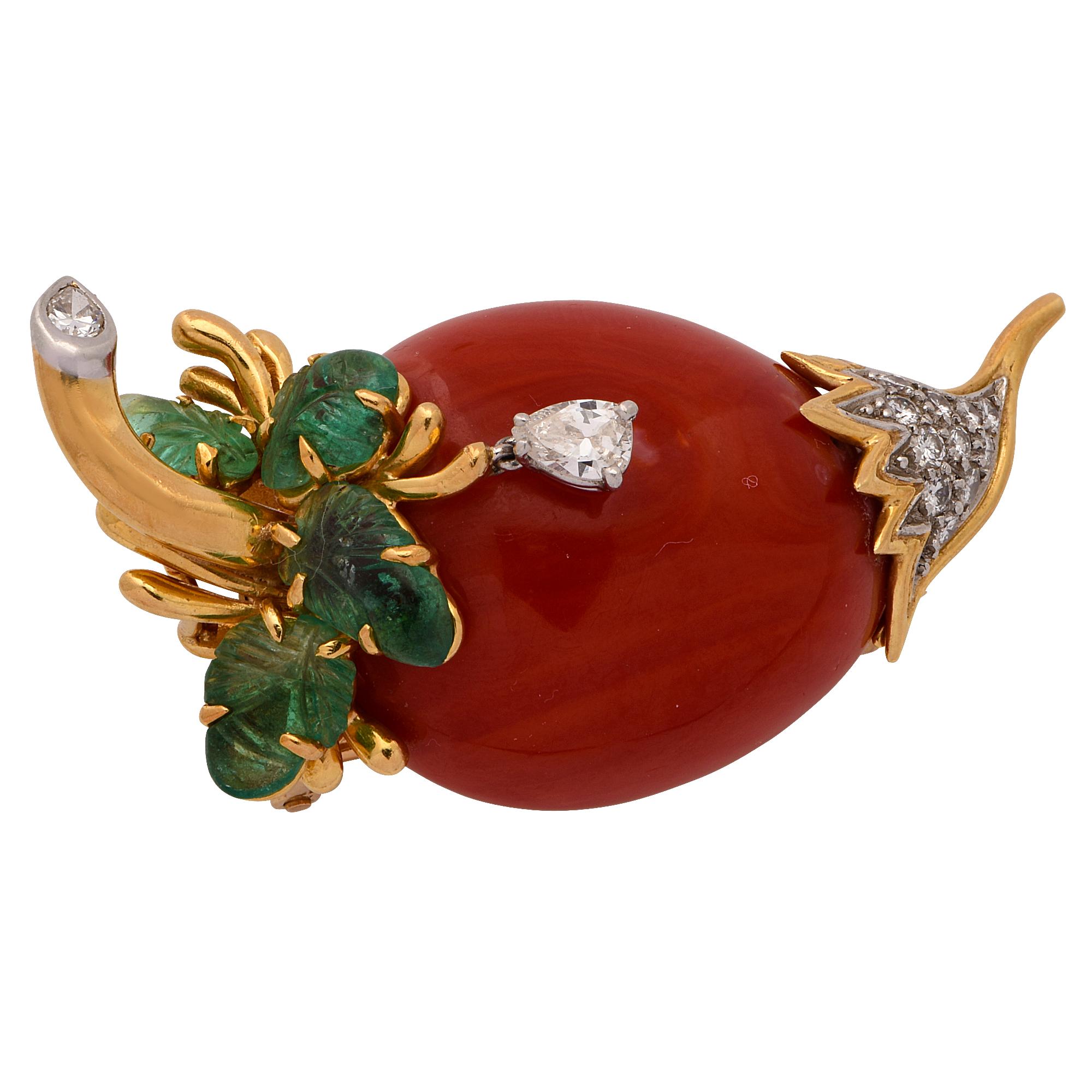 Coral, Emerald and Diamond Brooch Pin at 1stDibs