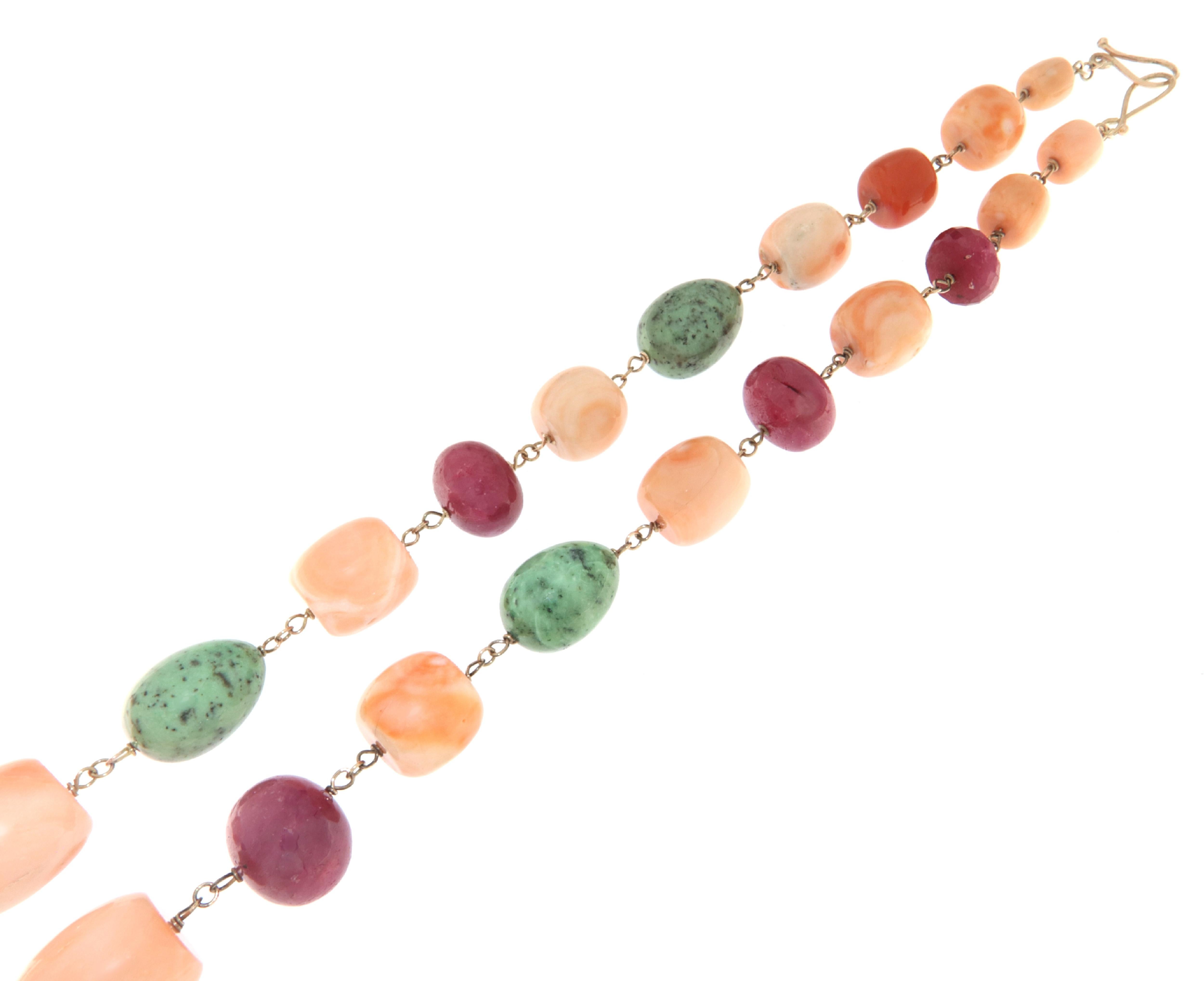 Coral Jasper Zoisite Rubies 9 Karat Yellow Gold Chain Necklace For Sale ...