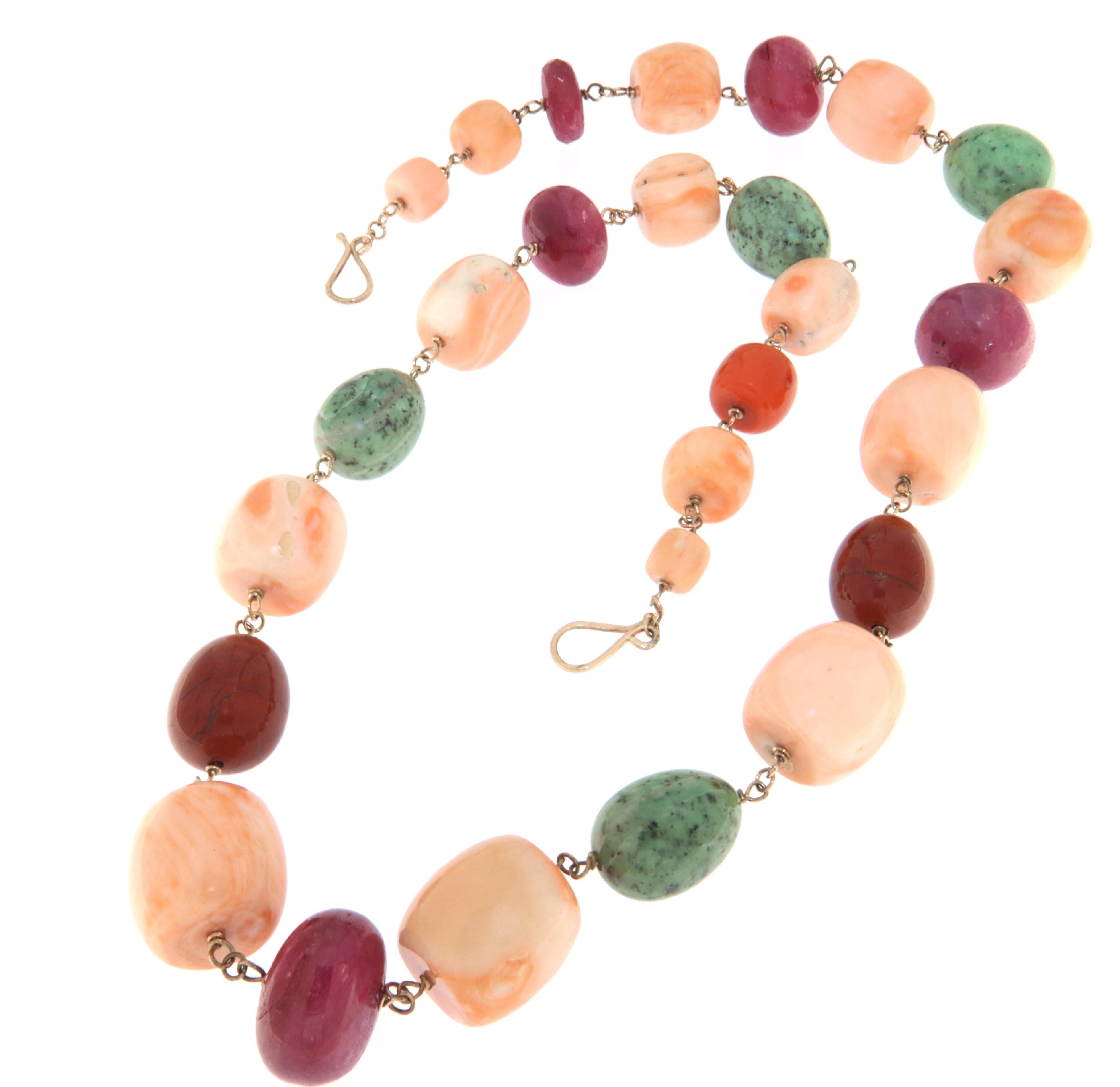 Coral Jasper Zoisite Rubies 9 Karat Yellow Gold Chain Necklace For Sale ...