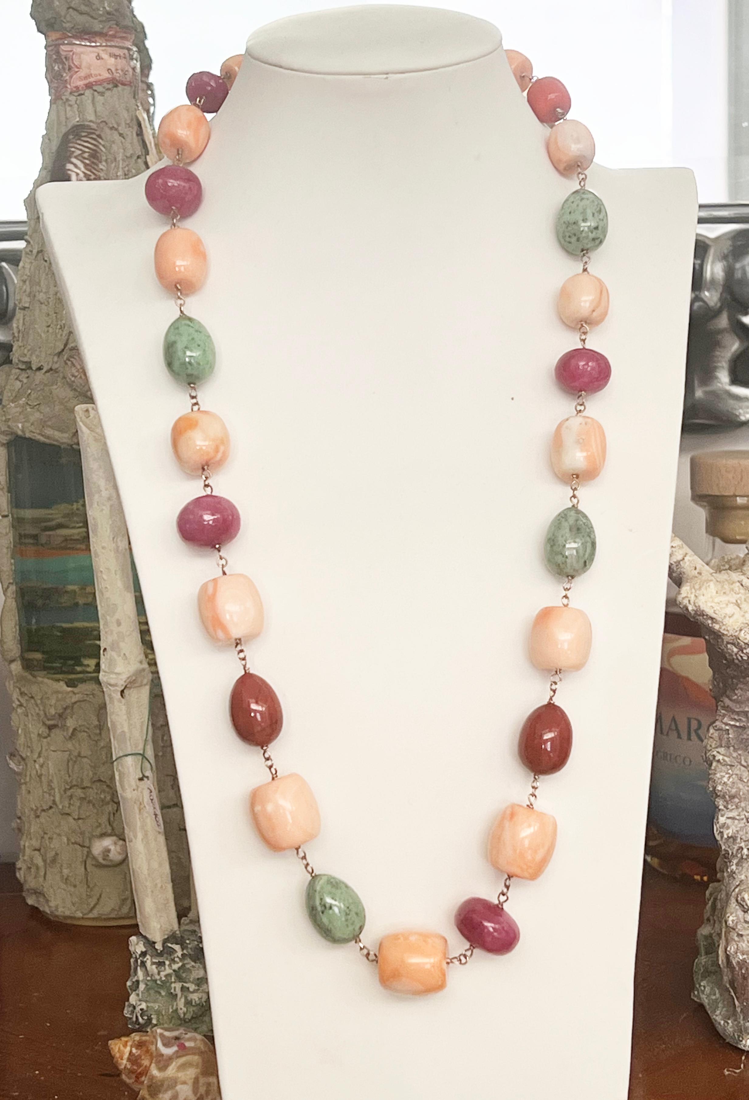 Coral Jasper Zoisite Rubies 9 Karat Yellow Gold Chain Necklace For Sale ...