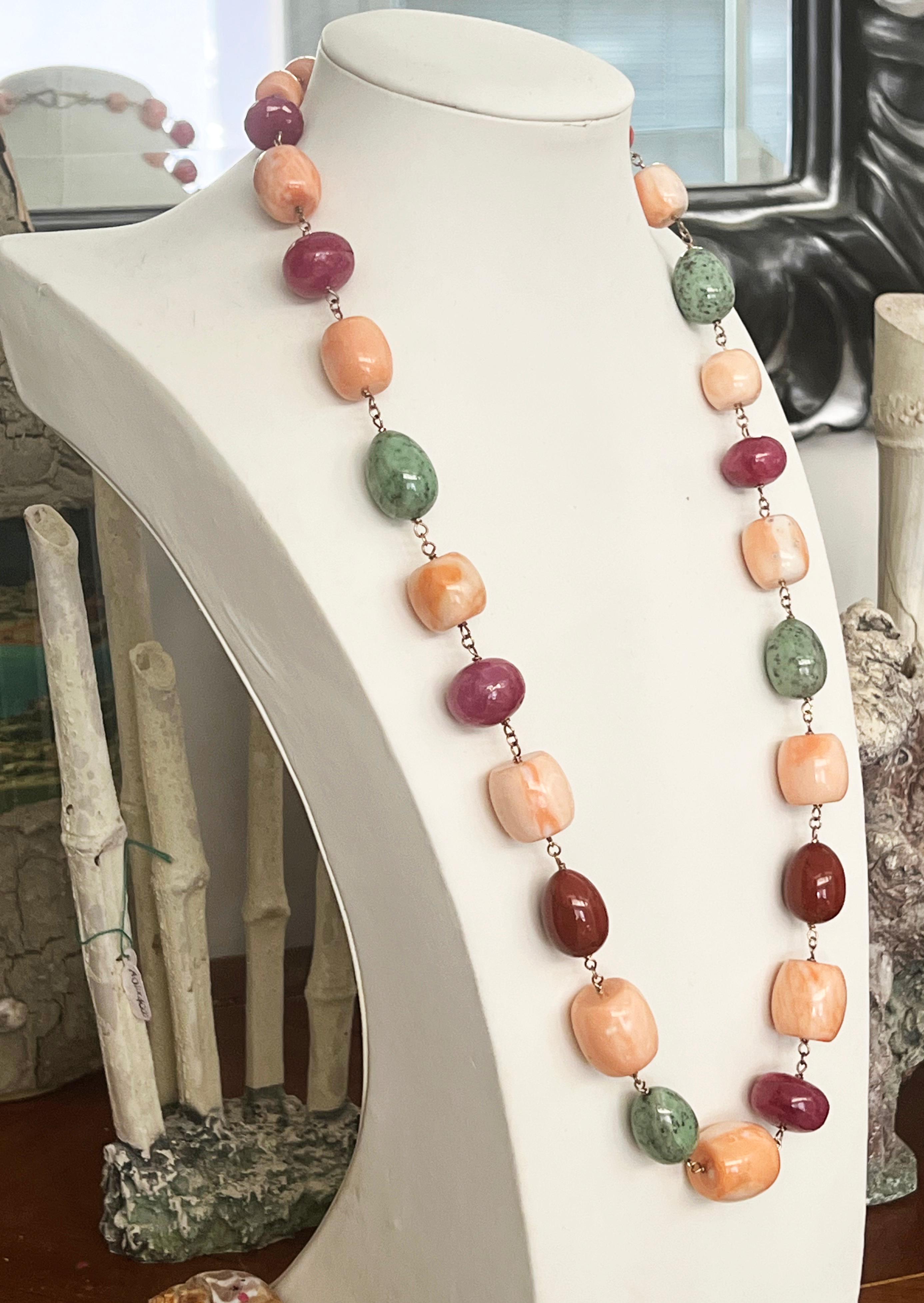 Coral Jasper Zoisite Rubies 9 Karat Yellow Gold Chain Necklace For Sale ...
