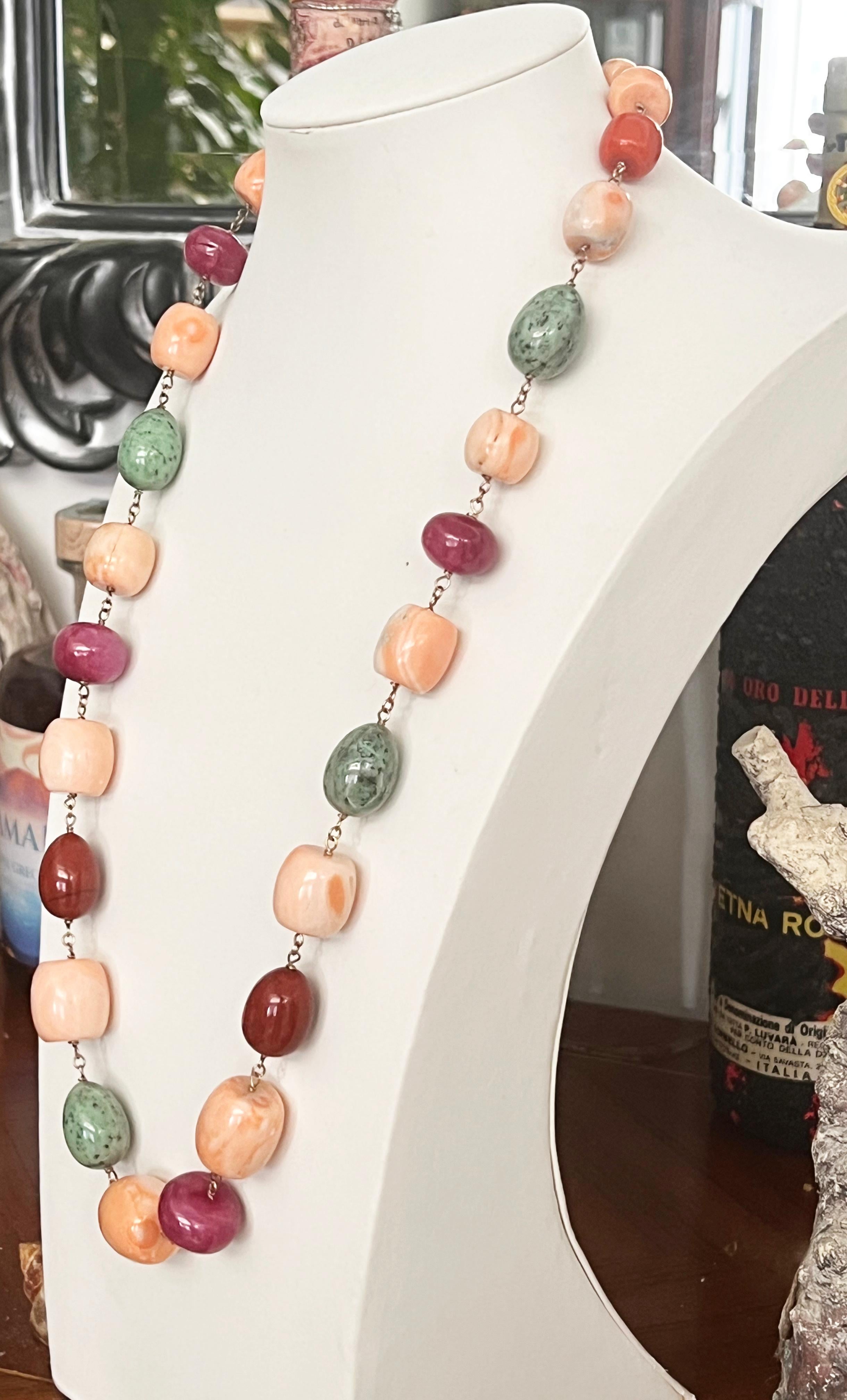 Coral Jasper Zoisite Rubies 9 Karat Yellow Gold Chain Necklace For Sale ...