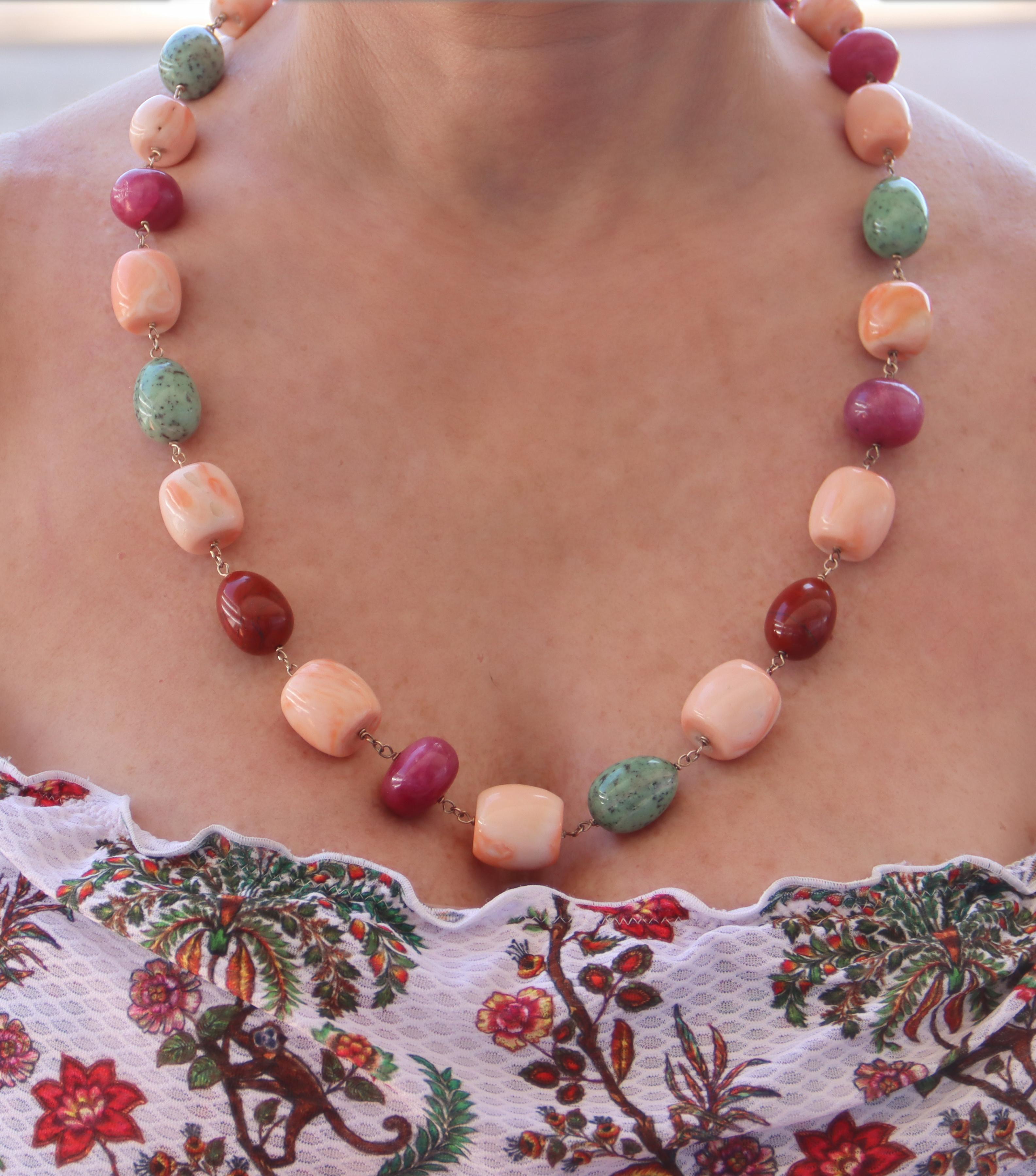 Coral Jasper Zoisite Rubies 9 Karat Yellow Gold Chain Necklace For Sale ...