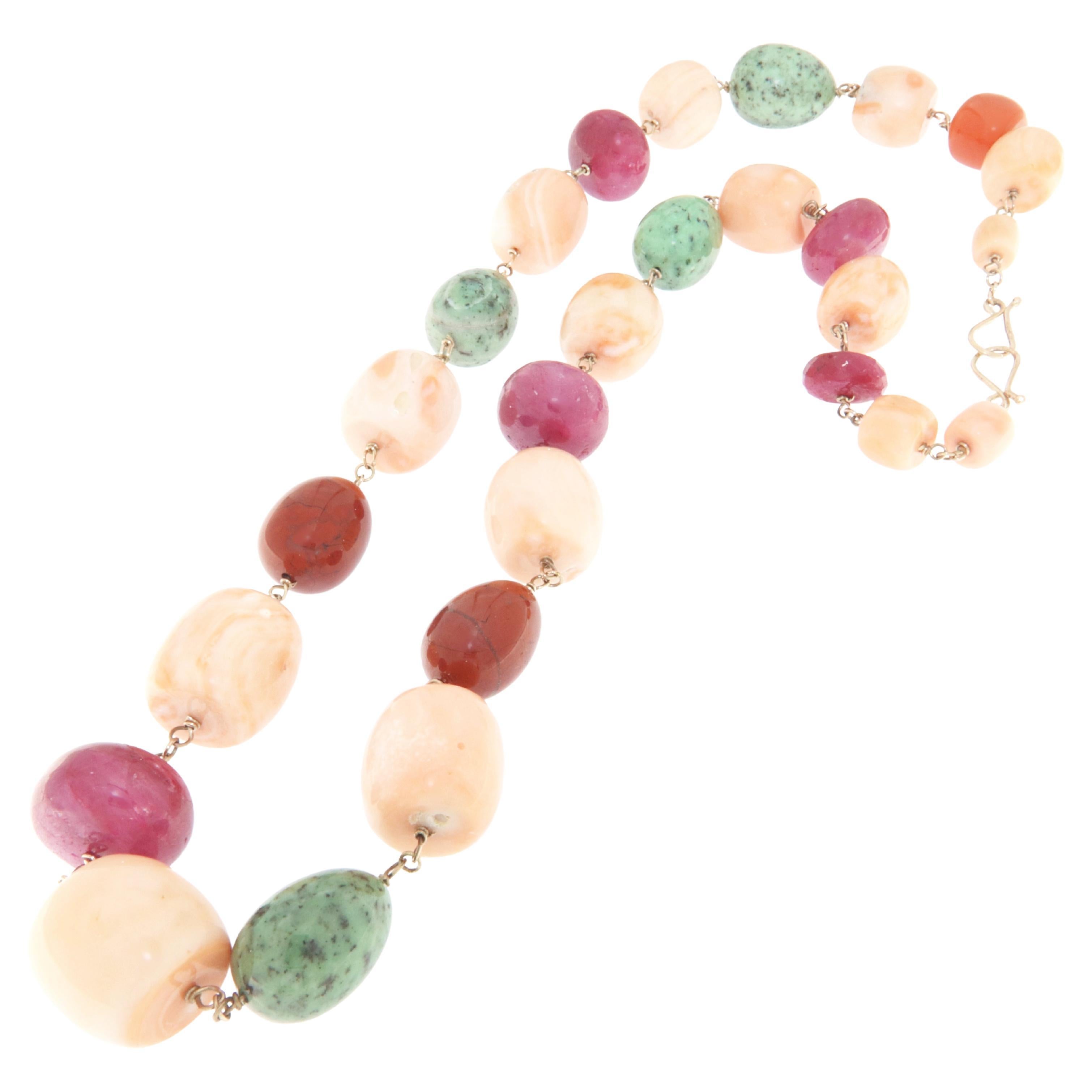 Coral Jasper Zoisite Rubies 9 Karat Yellow Gold Chain Necklace For Sale ...