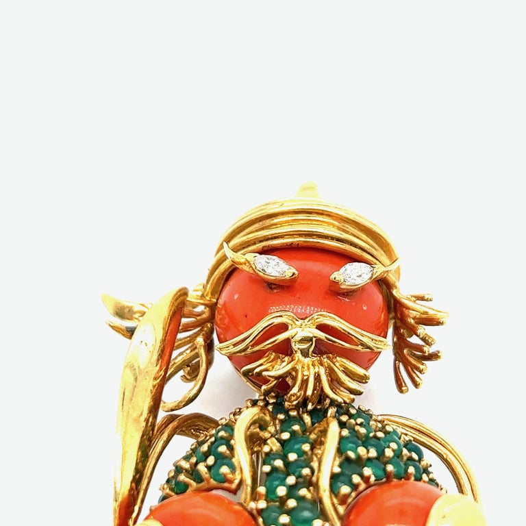 Coral Man Diamond Gold Brooch For Sale at 1stDibs