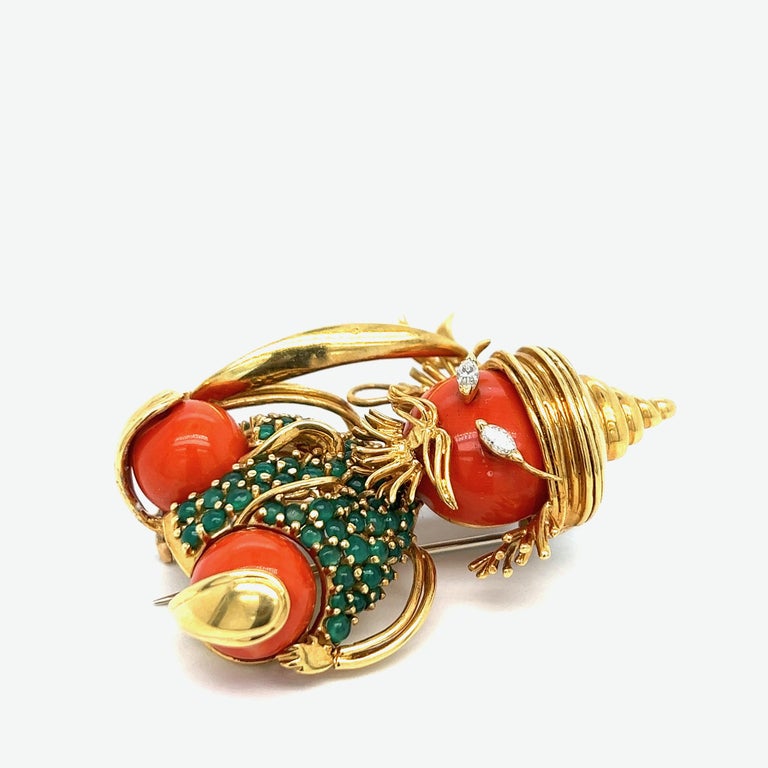 Coral Man Diamond Gold Brooch For Sale at 1stDibs