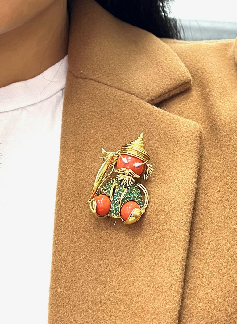 Coral Man Diamond Gold Brooch For Sale at 1stDibs