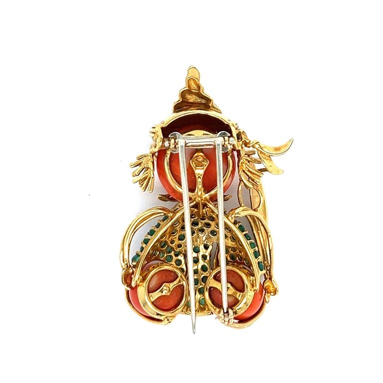 Coral Man Diamond Gold Brooch For Sale at 1stDibs