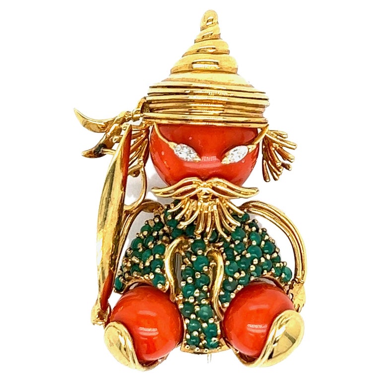 Coral Man Diamond Gold Brooch For Sale at 1stDibs