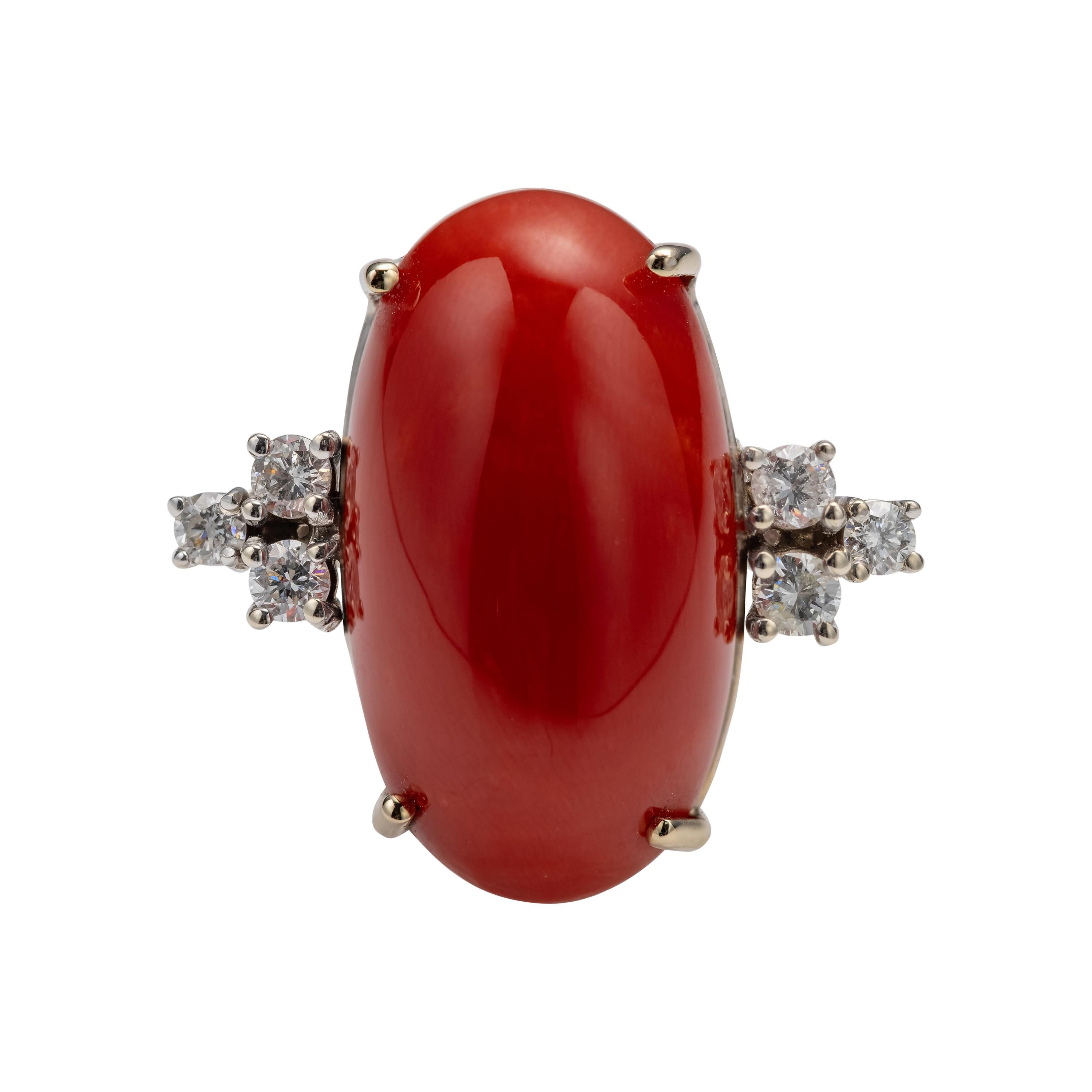 18k 'Vintage' Coral with Diamonds Ring For Sale at 1stDibs
