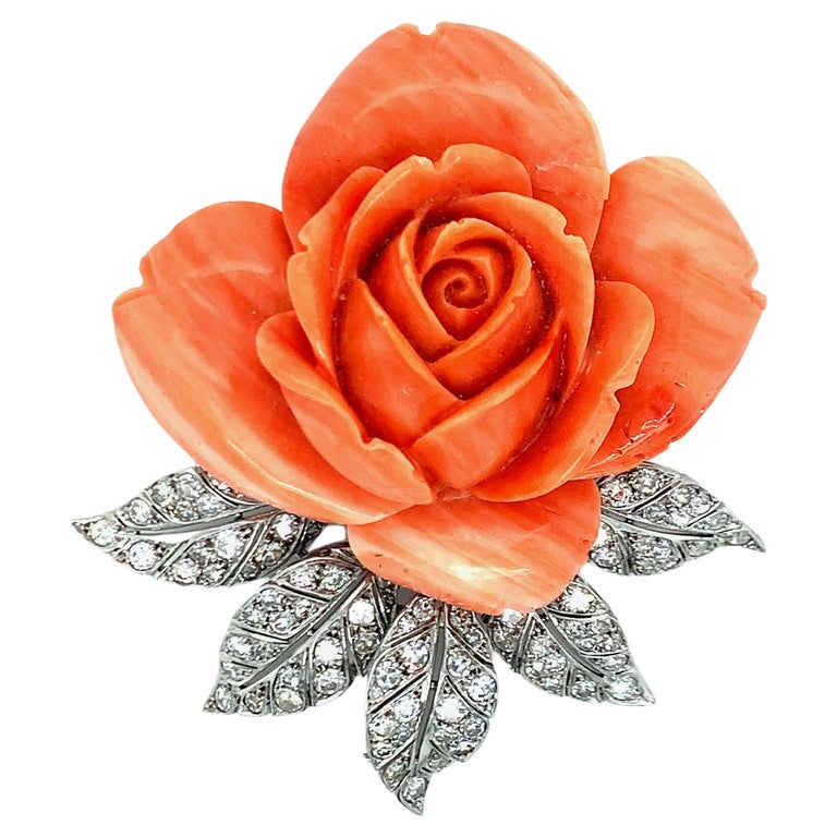 Coral Rose Diamond Brooch For Sale at 1stDibs