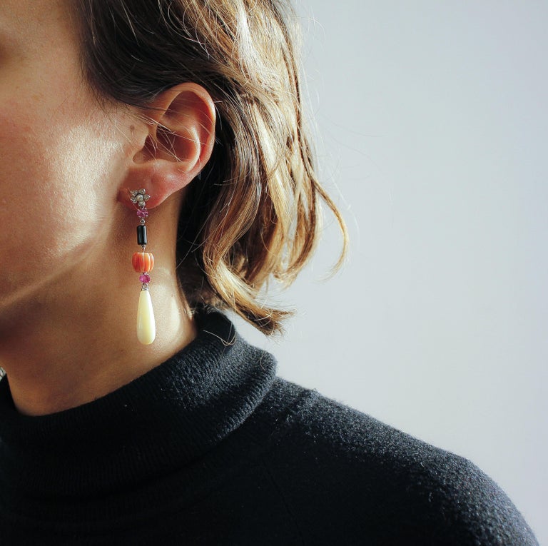 Red Coral, Ruby, Onyx, Pearl, White Stones Drops, White Gold Dangle ...