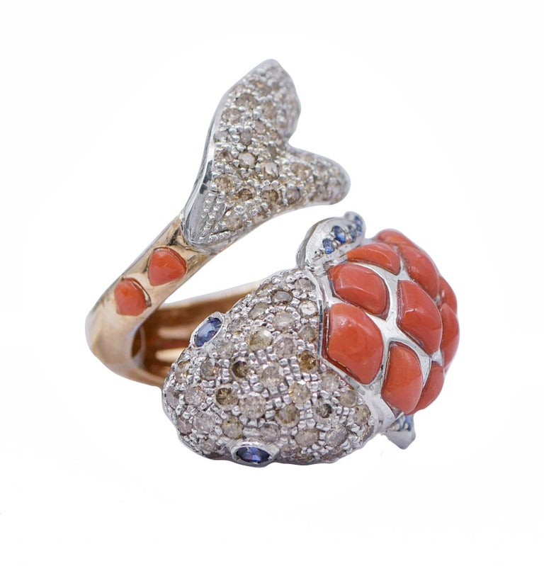 Coral, Sapphires, Fancy Brown Diamonds, Rose Gold and Silver Fish Shape ...