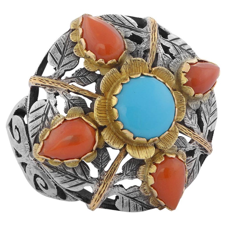 Coral Turquoise 18 Karat Gold Sterling Silver Cocktail Ring For Sale at ...