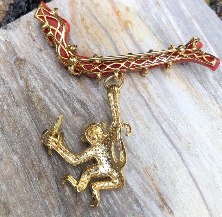 Coral with Yellow Diamond and Brown Diamond Monkey Brooch Set in 18 ...