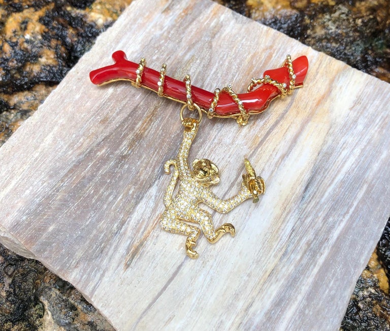Coral with Yellow Diamond and Brown Diamond Monkey Brooch Set in 18 ...