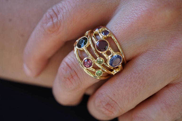 Coralie Van Caloen 18 Carat Yellow Gold Multi-Color Stones Band Ring at ...