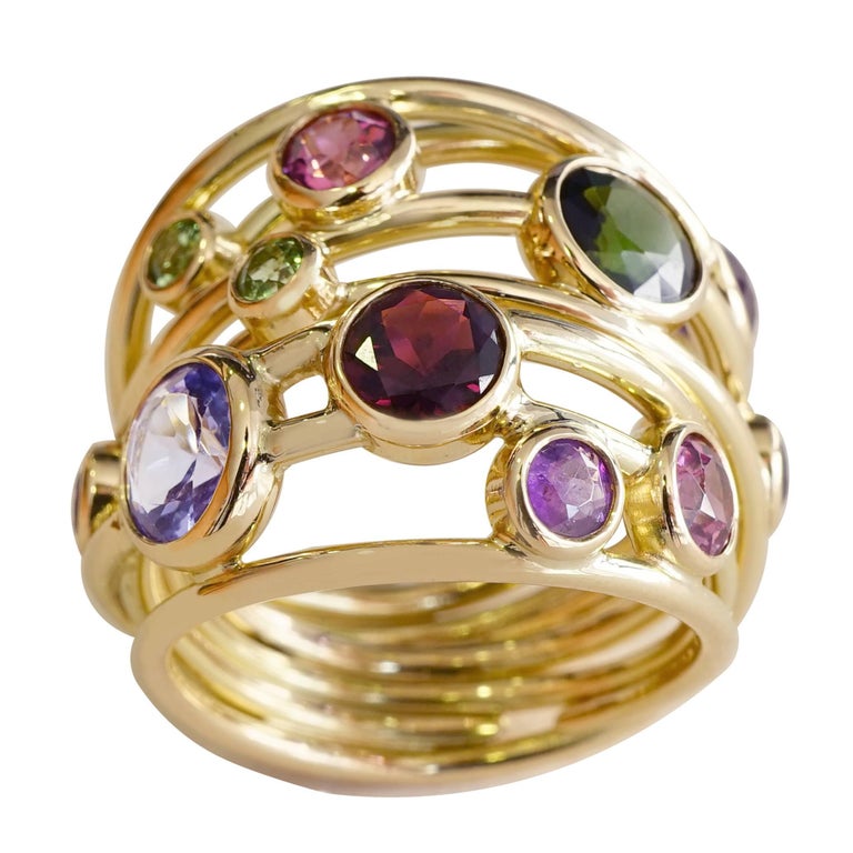Coralie Van Caloen 18 Carat Yellow Gold Multi-Color Stones Band Ring at ...