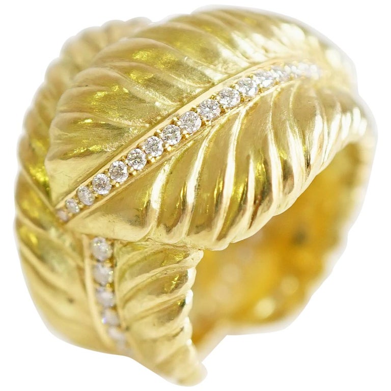 Yellow 18k Gold Crossover Feather With Diamonds Band Ring at 1stDibs