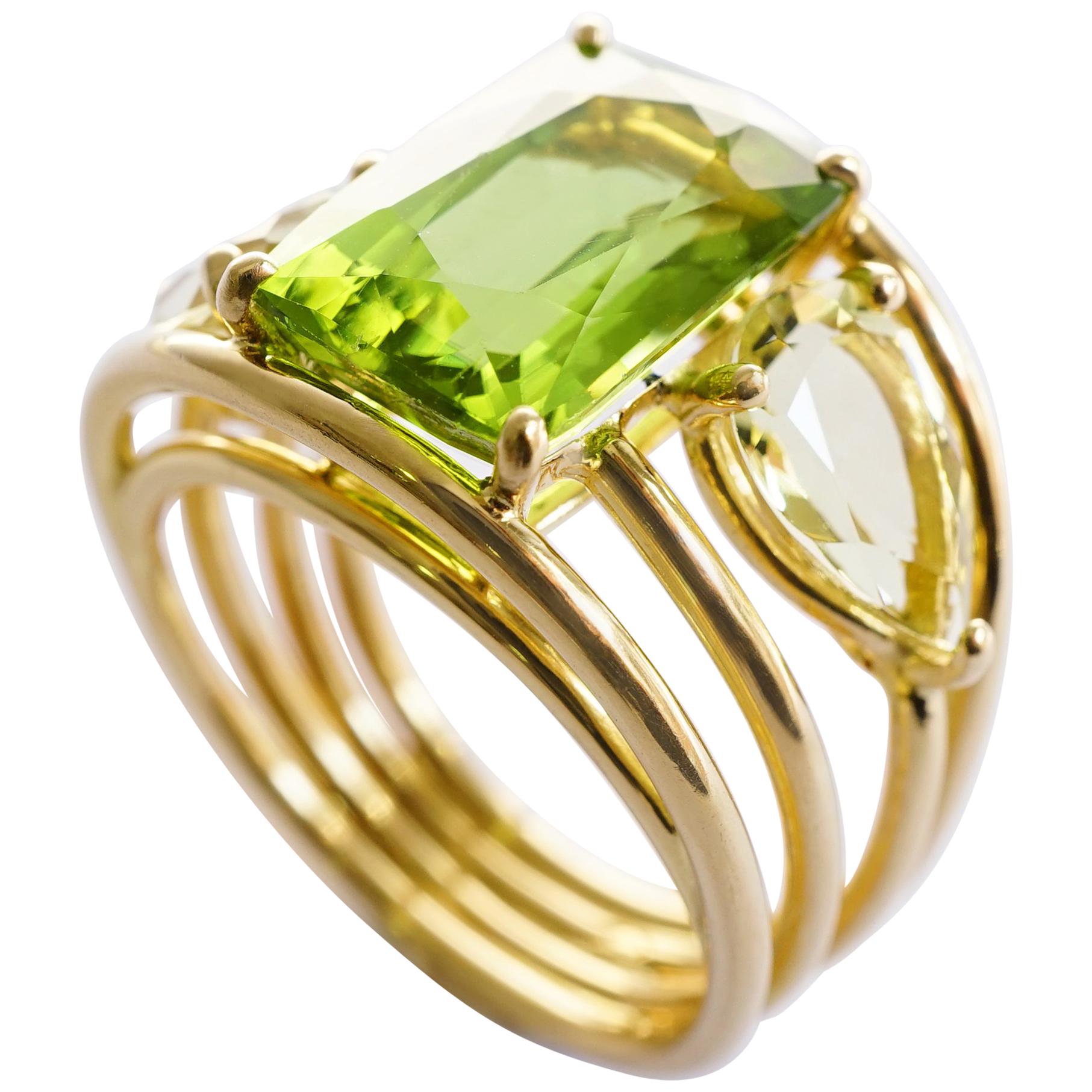 Yellow Gold 18k Fresh Green Peridot And Yellow Beryls Band Ring For ...