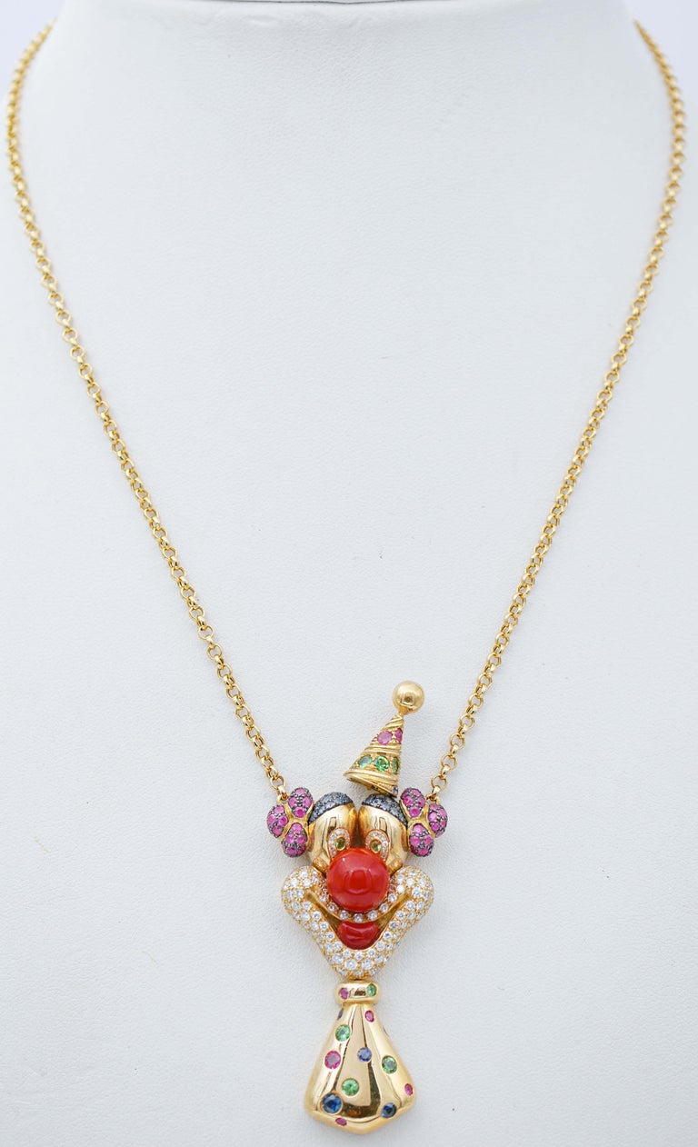 Coral, Tsavorite, Rubies, Sapphires, 18 Karat Yellow Gold Clown Pendant ...