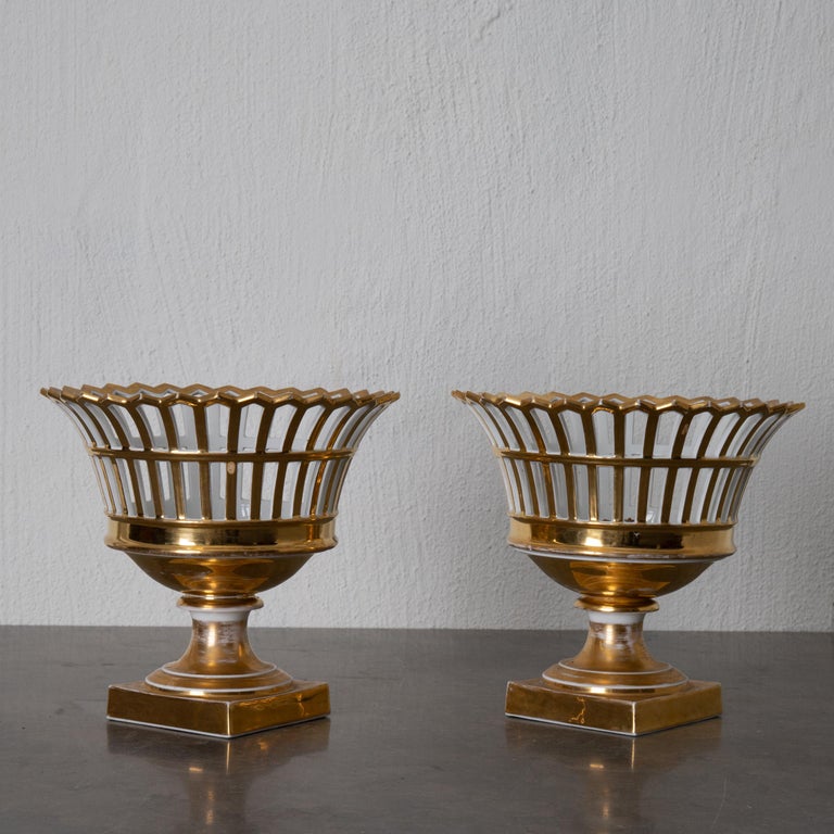 Corbeille Vase Pair of Swedish Porcelain Rörstrand White Gilded, Sweden ...