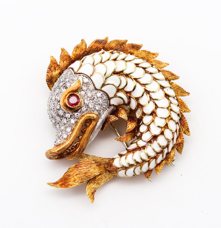 Corletto 1960 Enamel Mythological Brooch 18Kt Gold and Platinum 2.87 ...