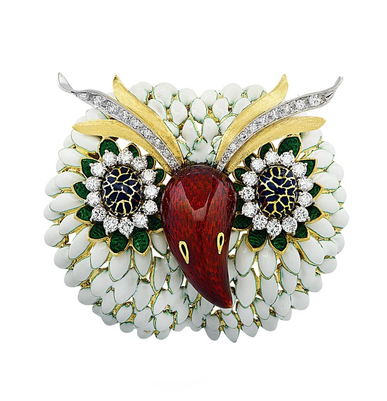Corletto Italy Enamel and Diamond Owl Brooch Pin at 1stDibs