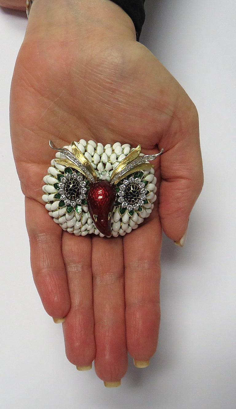 Corletto Italy Enamel and Diamond Owl Brooch Pin at 1stDibs