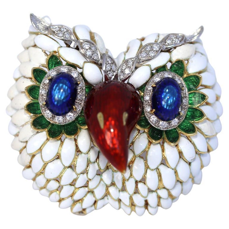 Corletto Snowy Owl Brooch Pin Enamel Diamonds, 1973 at 1stDibs