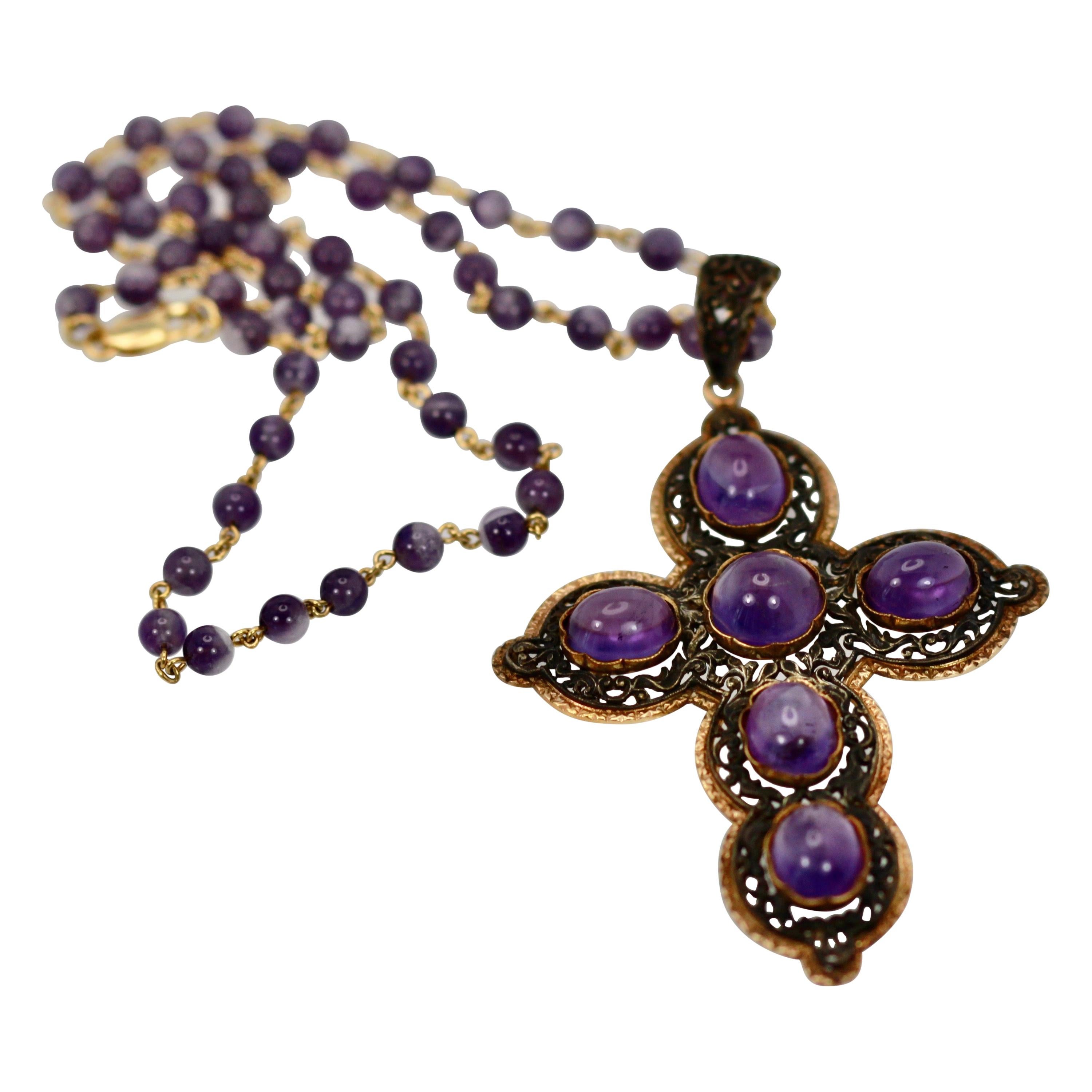 Corletto Yellow Gold Blacken Amethyst Cross with Amethyst Beaded Chain ...