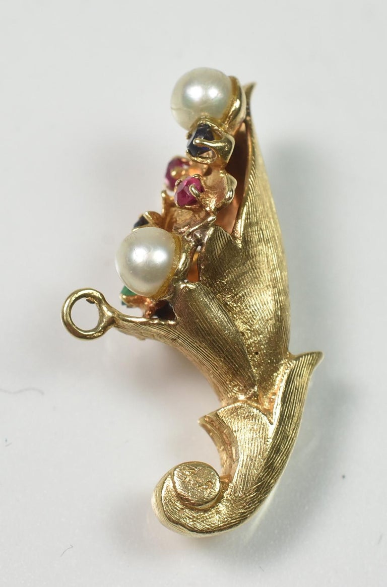 Cornucopia Pendant 14K Yellow Gold with Ruby, Pearl, Sapphire, and ...